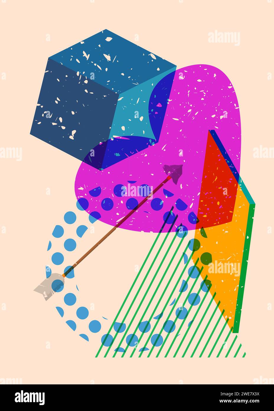 Risograph Heart and Arrow with geometric shapes. Love Symbol in trendy ...