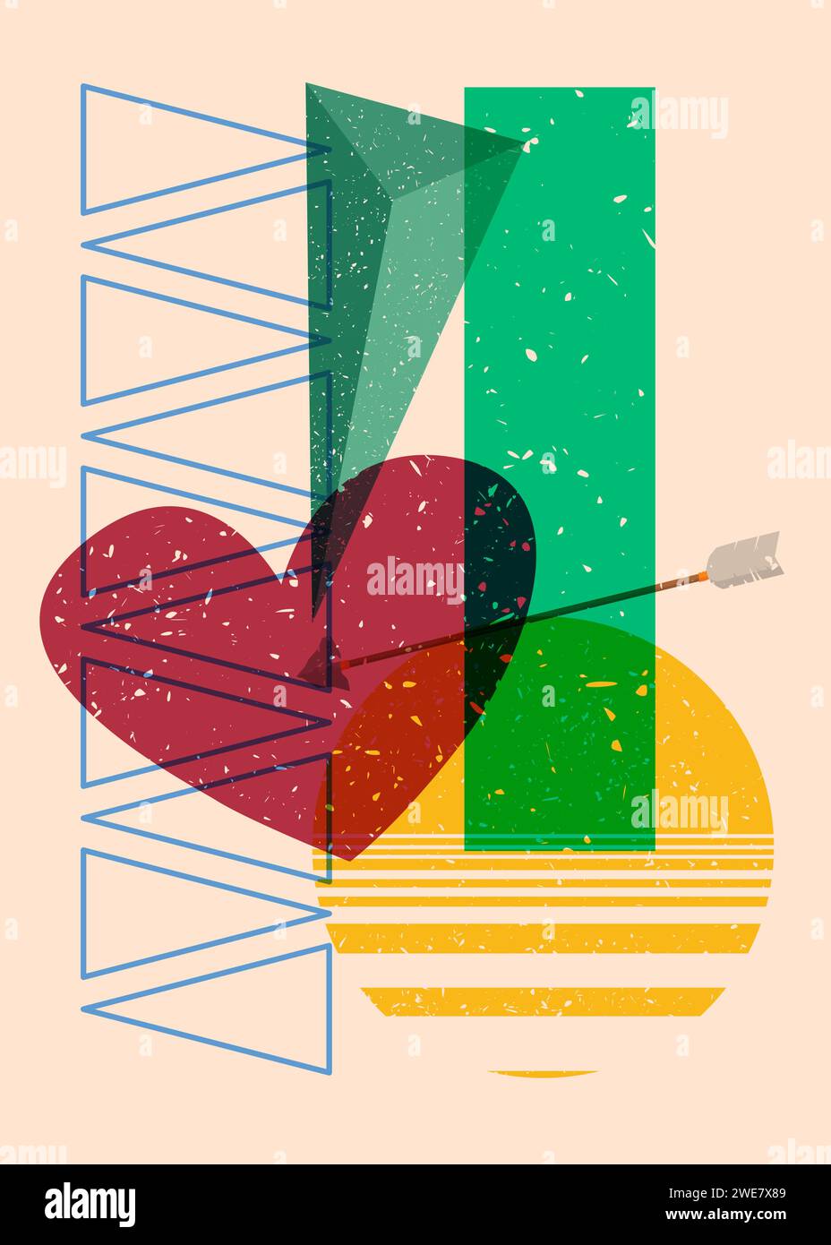 Risograph Heart and Arrow with geometric shapes. Love Symbol in trendy ...