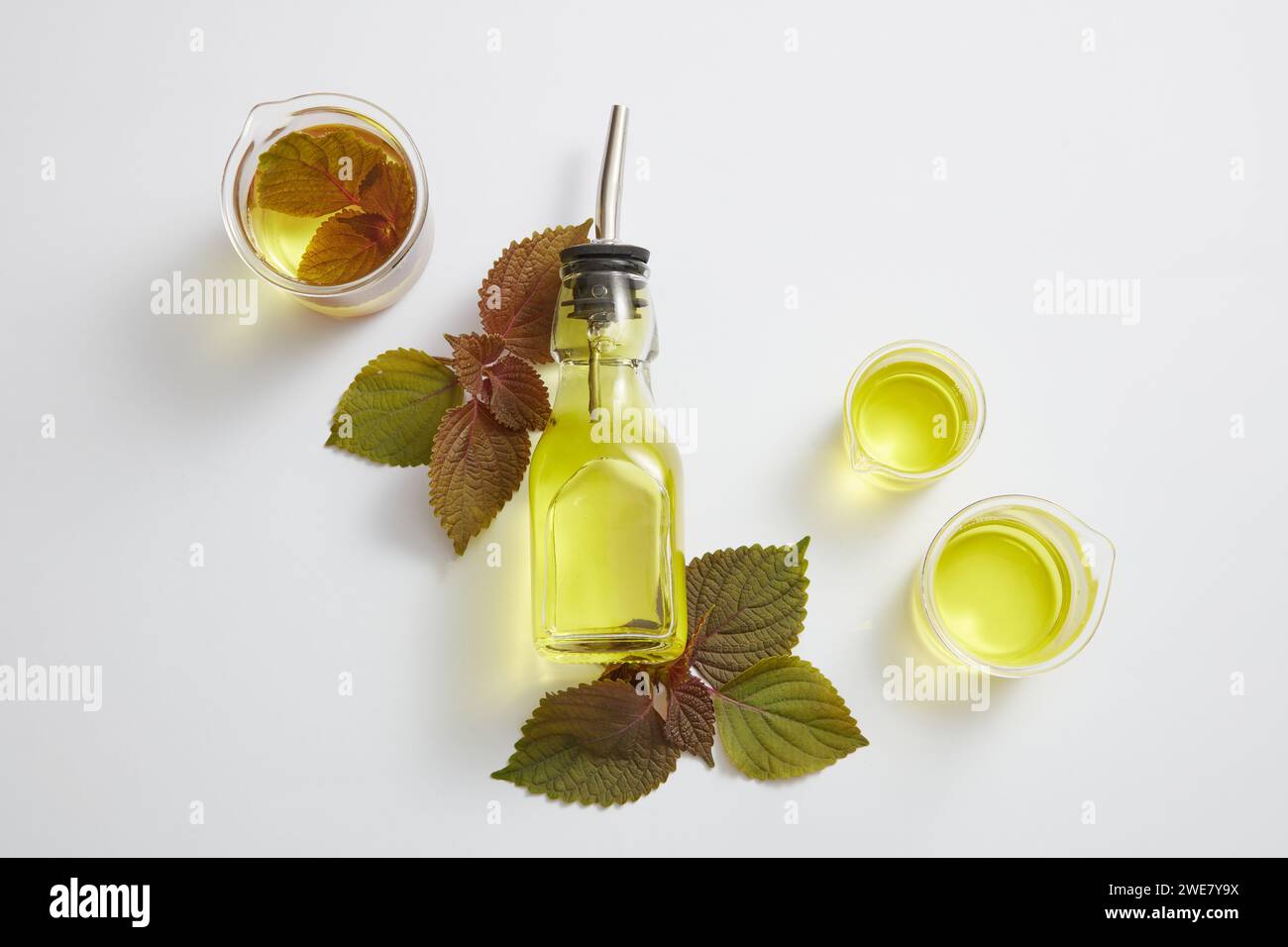 Cooking oil inside an empty label glass bottle with some beakers and ...