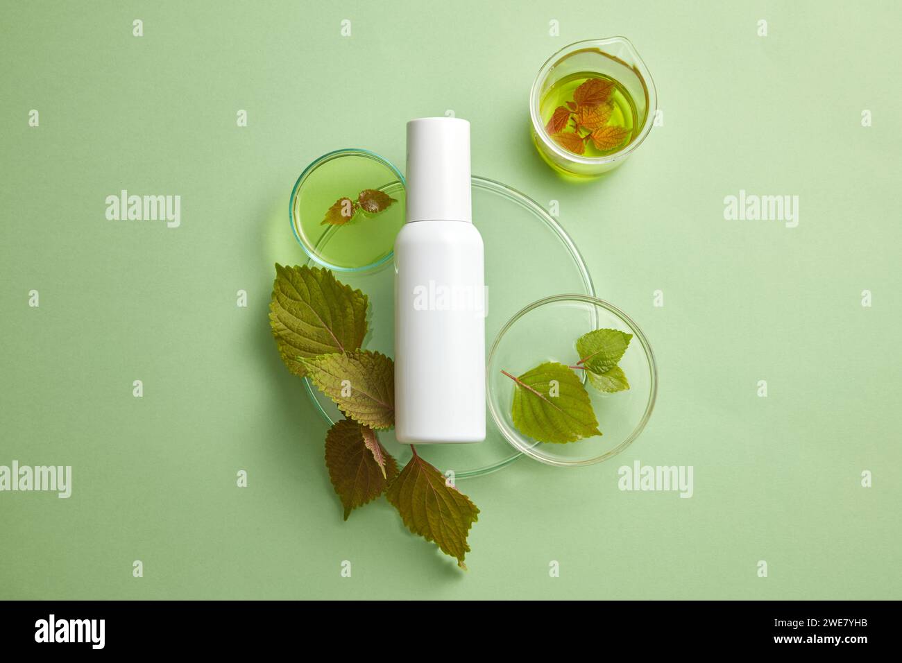 Unbranded bottle placed on round podium with petri dishes and a beaker ...