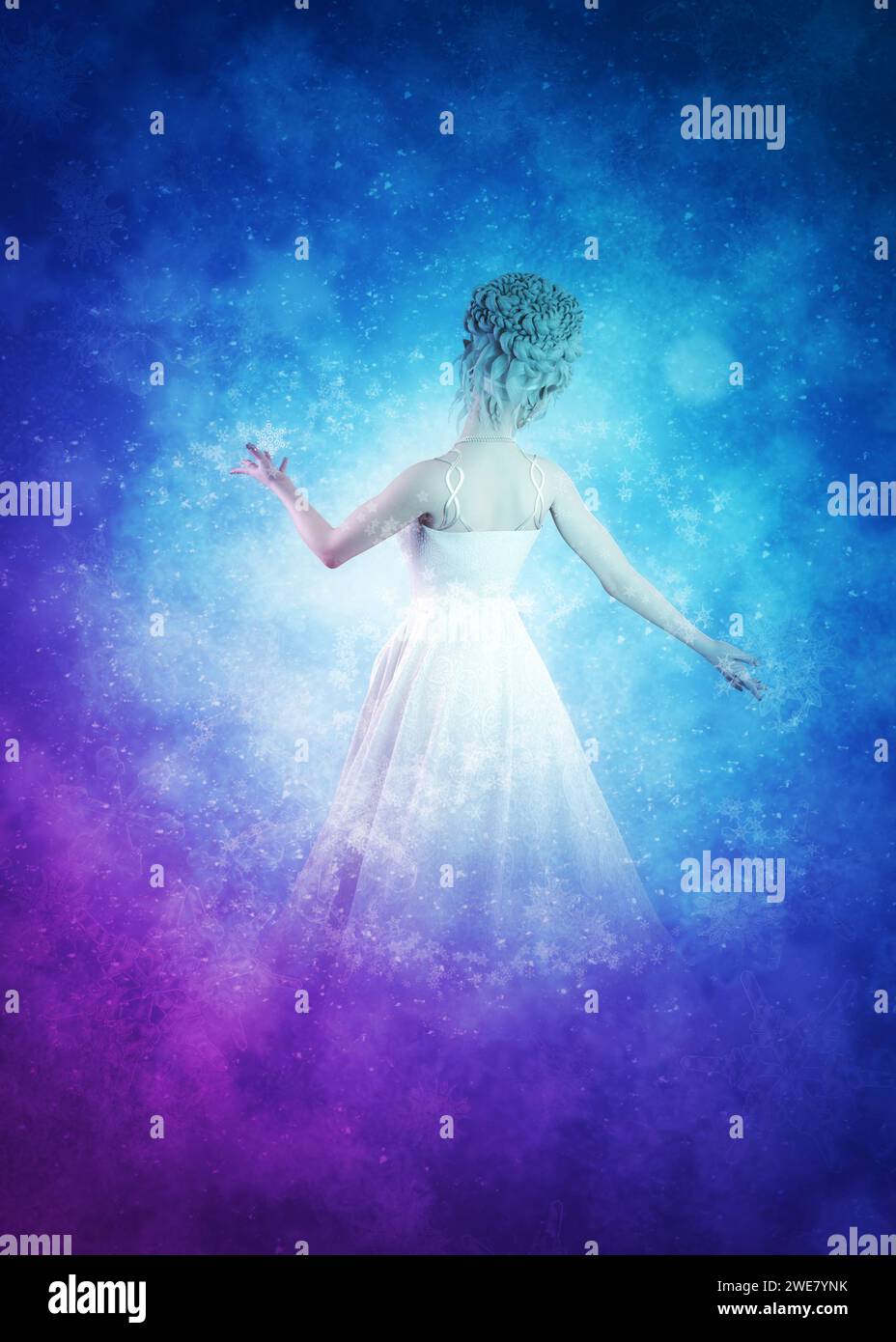 Fantasy elf girl in white dress over decorative winter background with ...