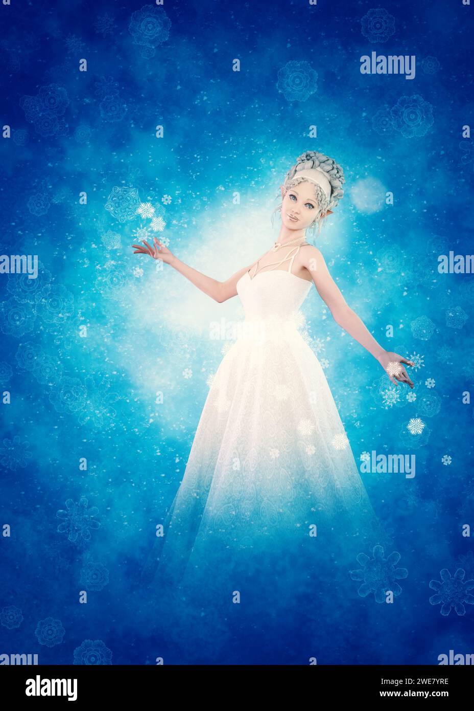 Fantasy elf girl in white dress over decorative winter background with ...