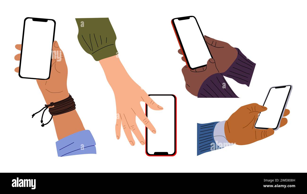 Different Hands holding mobile phones vector set Stock Vector Image ...