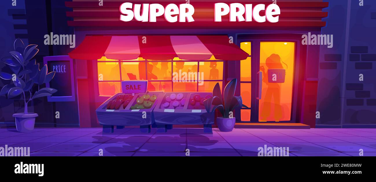 Grocery store at night with lamp light from big glass windows and door ...