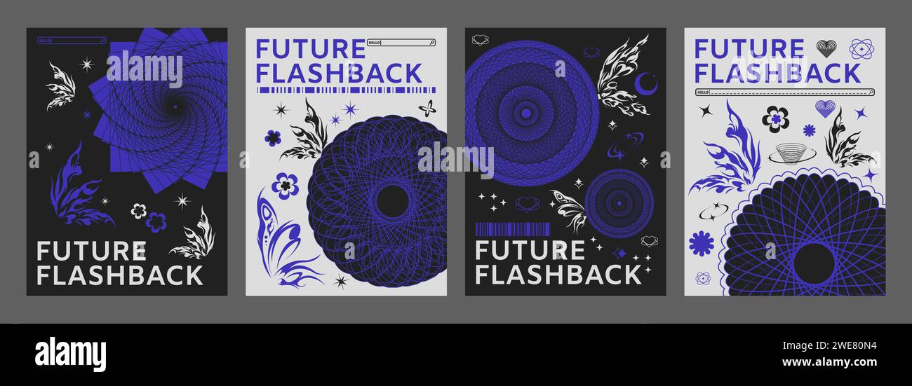 Y2k style poster design template with abstract grid flower ornament ...
