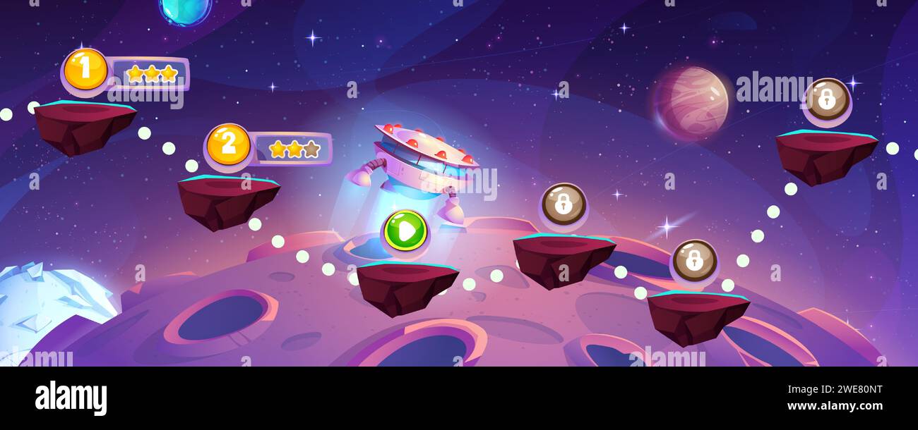 Game level map with floating islands and star rating, flying spaceship on outer space background ...
