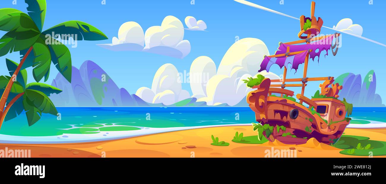 Wrecked ship on tropical island. Vector cartoon illustration of old ...