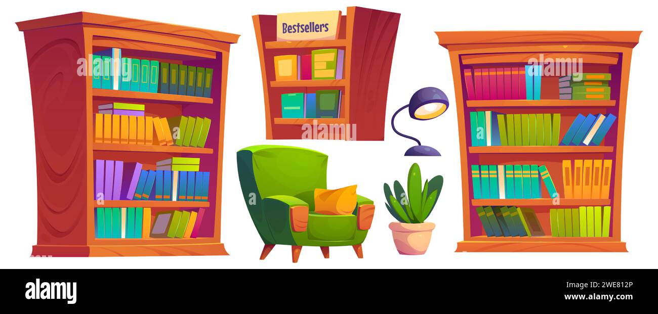 Library furniture set isolated on white background. Vector cartoon ...