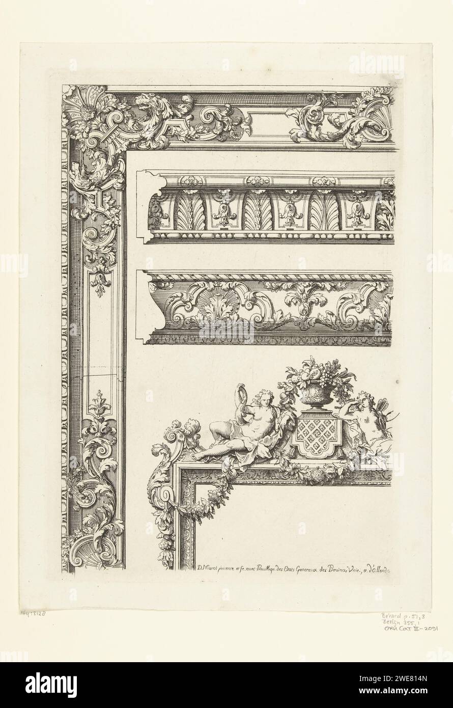 Three parts of cornices and part of mirror list, Daniël Marot (I), 1712 ...