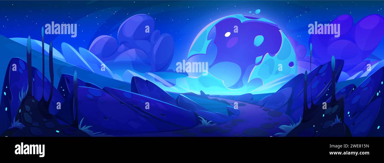 Blue game alien planet surface with glowing celestial body in sky at ...
