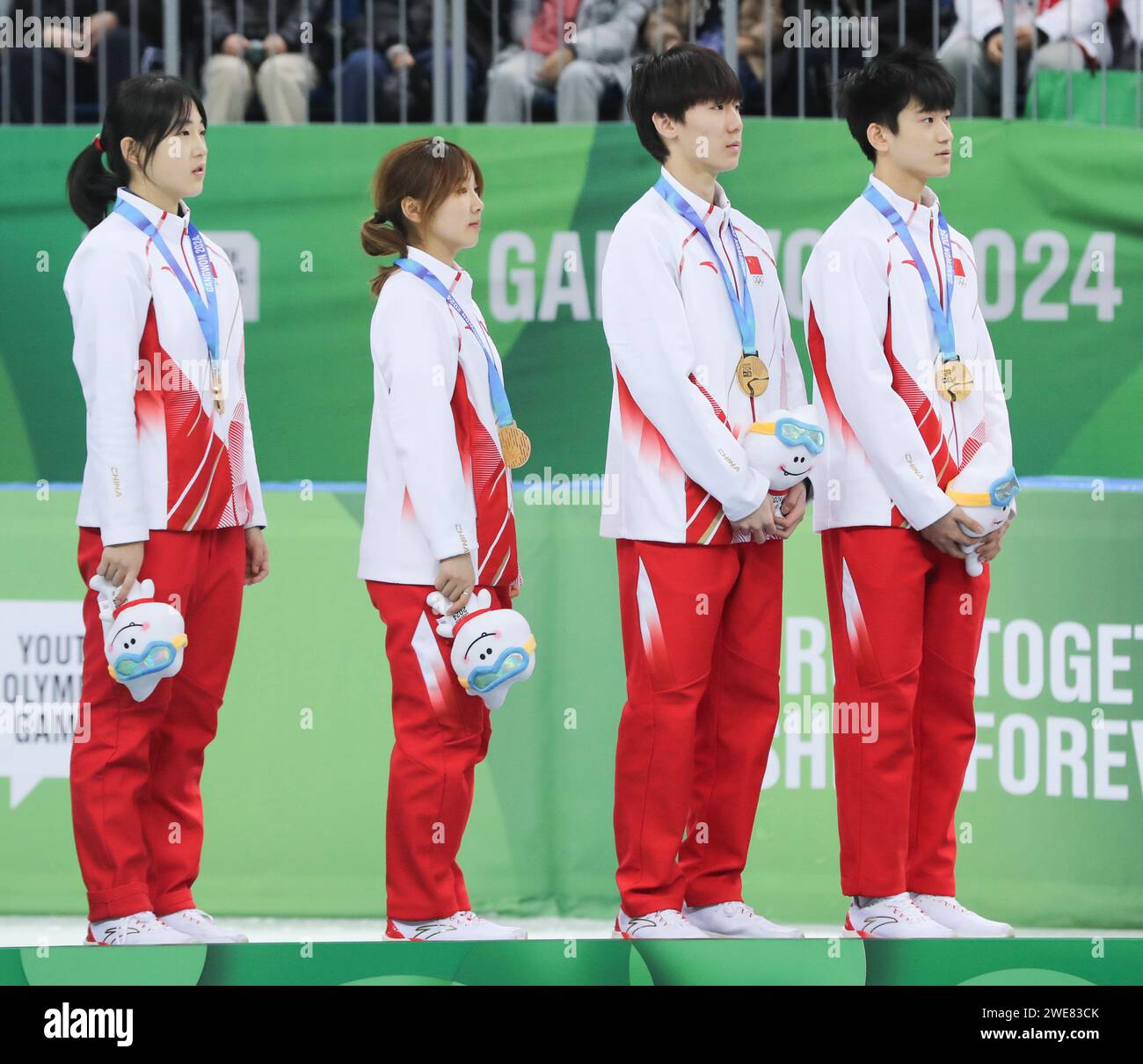 Gangneung, South Korea. 24th Jan, 2024. Gold medalists Li Jinzi, Yang Jingru, Zhang Bohao and ...