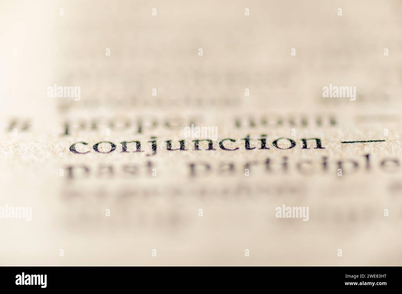focus on conjunction word printed inside vintage vocabulary Stock Photo ...