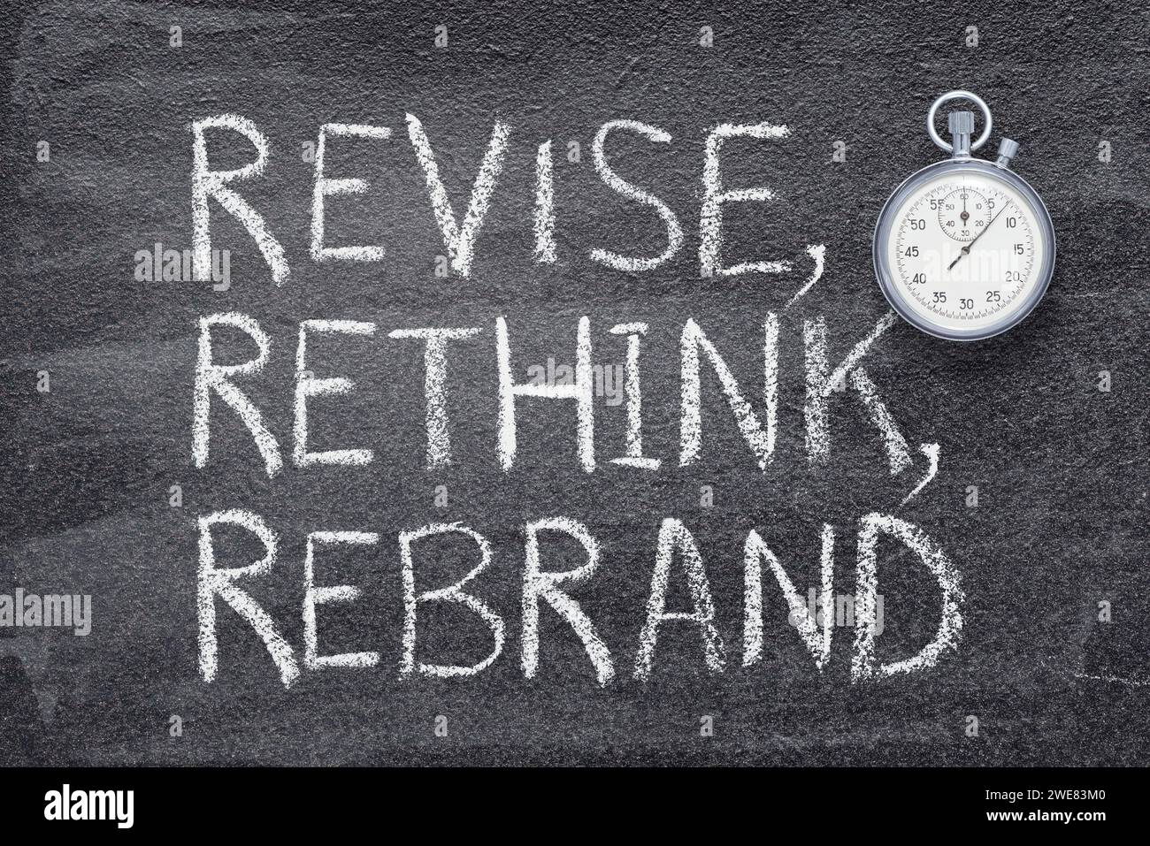revise, rethink, rebrand phrase written on chalkboard with vintage precise stopwatch Stock Photo ...