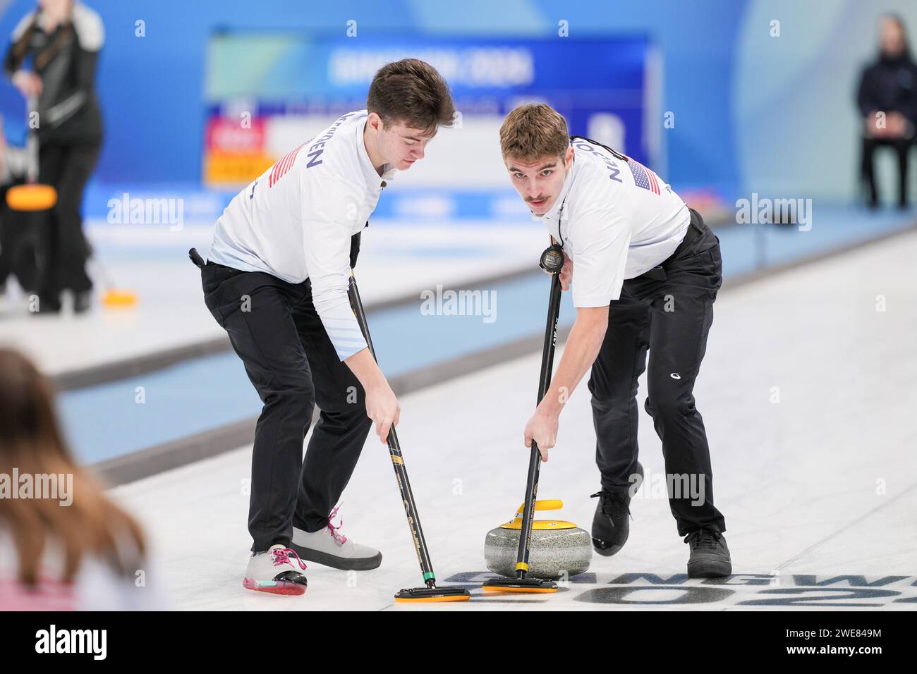 Gangneung, South Korea. 24th Jan, 2024. Zach Brenden (L) and Owen Nelson of team USA compete ...