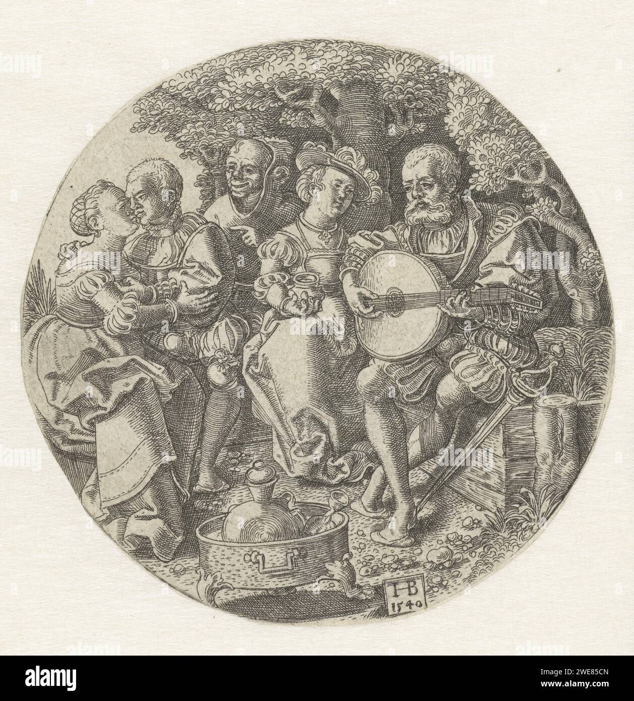 Luit player and in love couple with a nar, Hans Brosamer, 1540 print ...