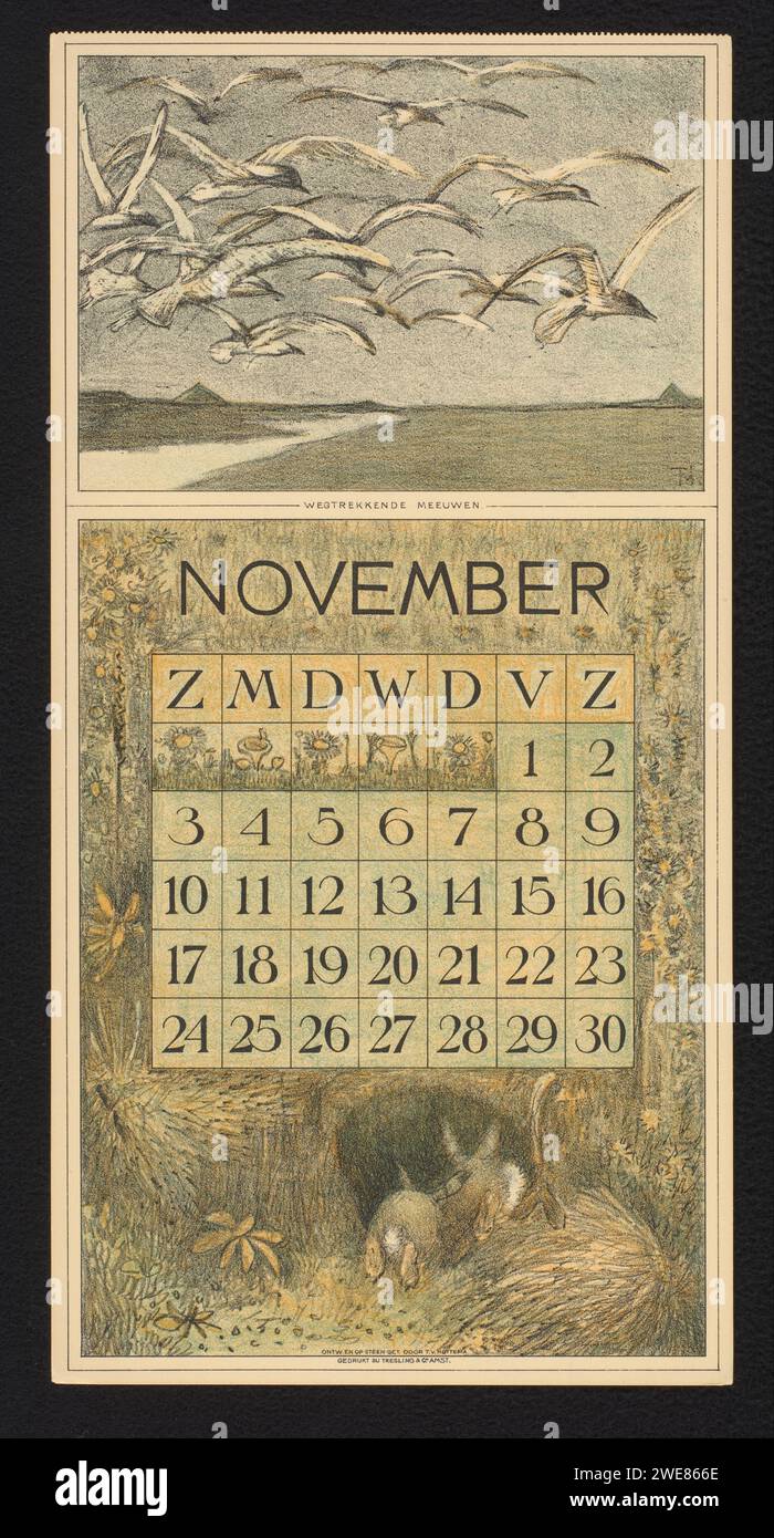 Calendar magazine for November 1912 with seagulls and rabbits, Theo van ...
