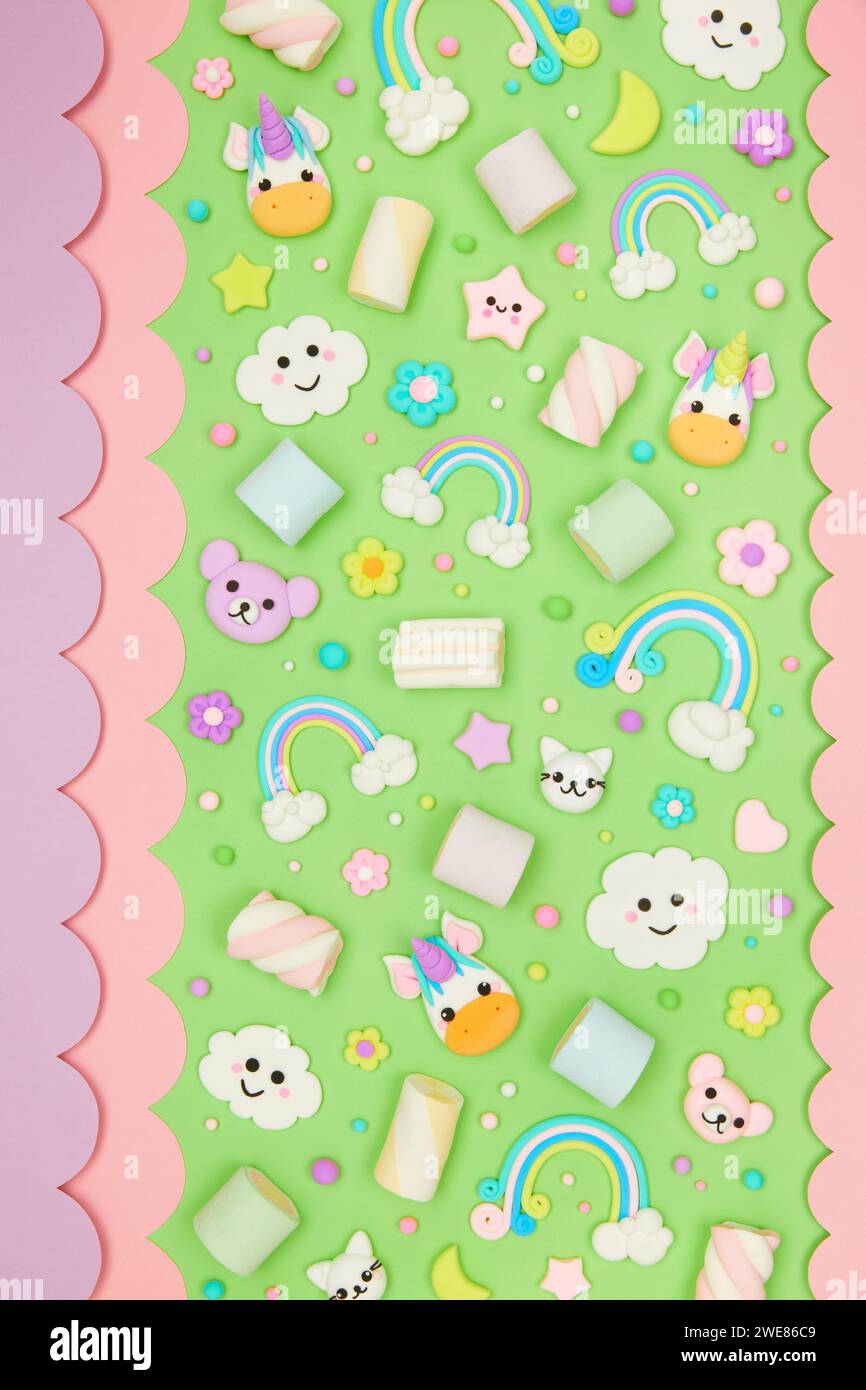 pastel green kawaii flyer background with cute cartoon animals ...