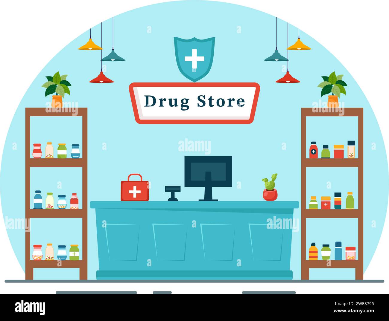 Drug Store Vector Illustration with Shop for the Sale of Drugs, a ...