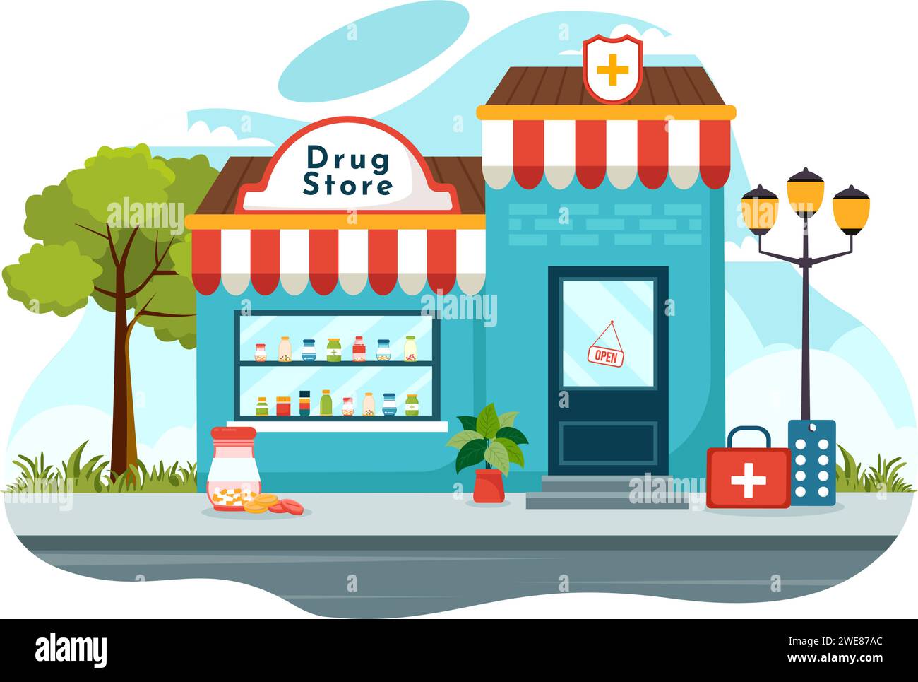 Drug Store Vector Illustration with Shop for the Sale of Drugs, a ...