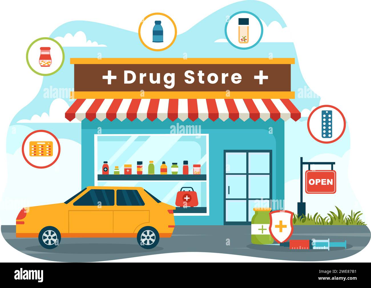 Drug Store Vector Illustration with Shop for the Sale of Drugs, a ...