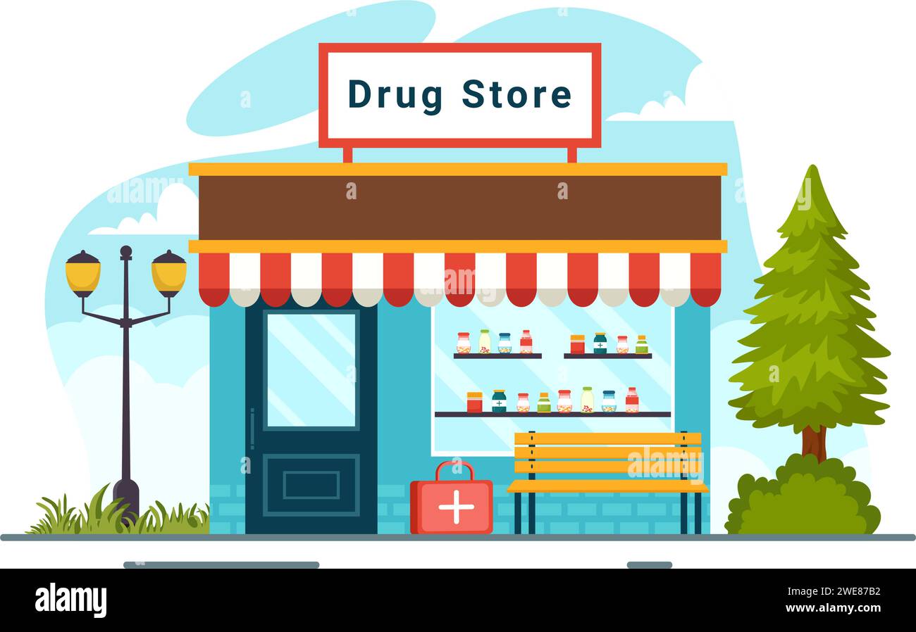 Drug Store Vector Illustration with Shop for the Sale of Drugs, a ...