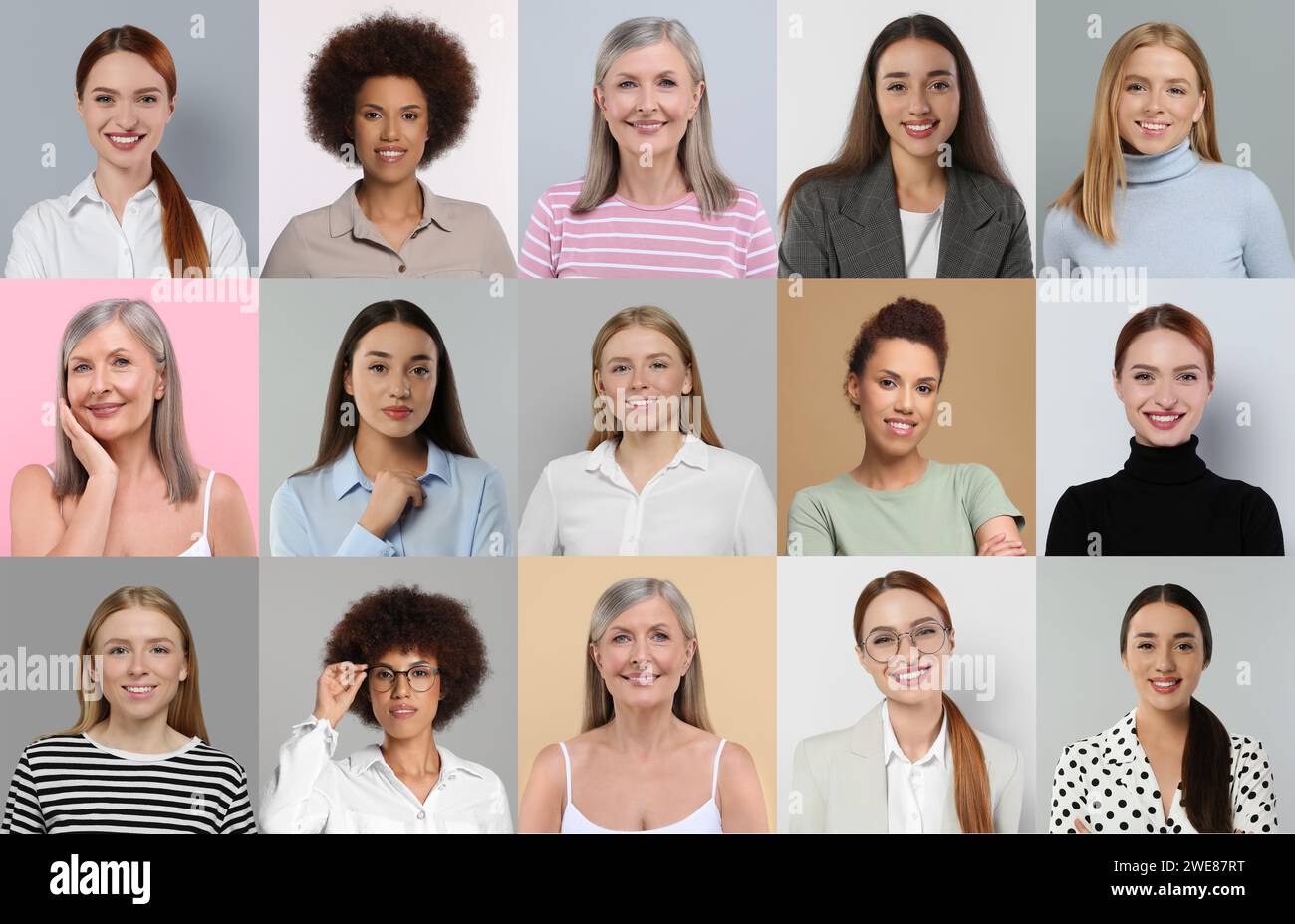 Portraits of beautiful women on color backgrounds, collection of photos ...