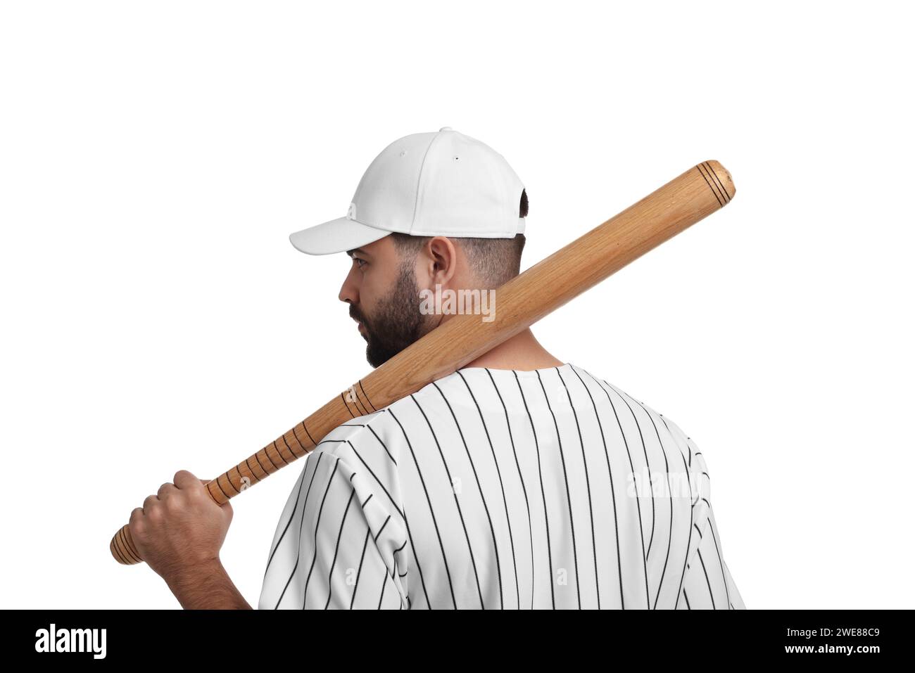 Man in stylish baseball cap holding bat on white background, back view ...