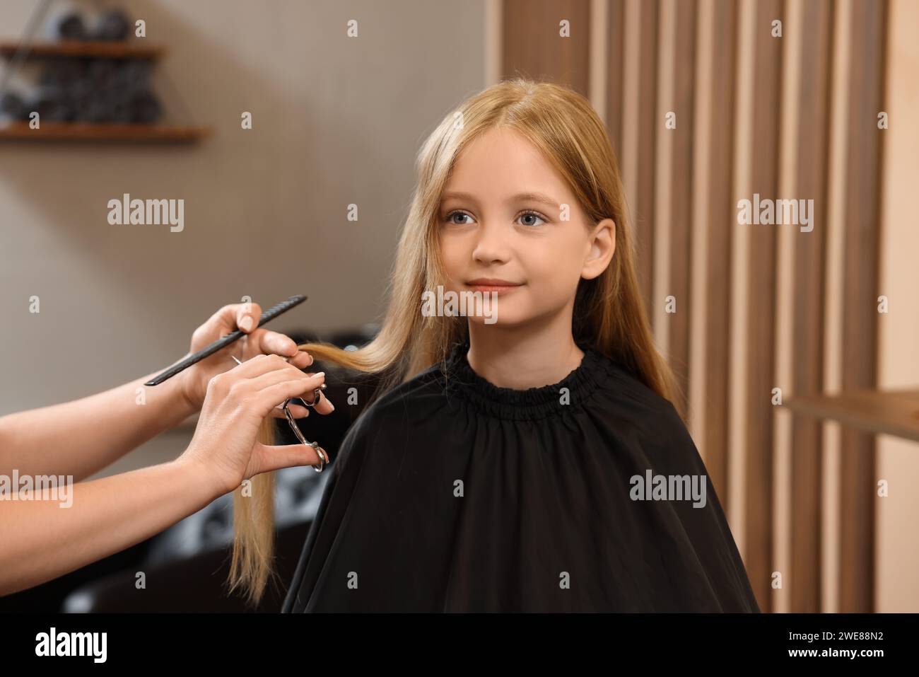 Professional hairdresser cutting girl's hair in beauty salon Stock ...