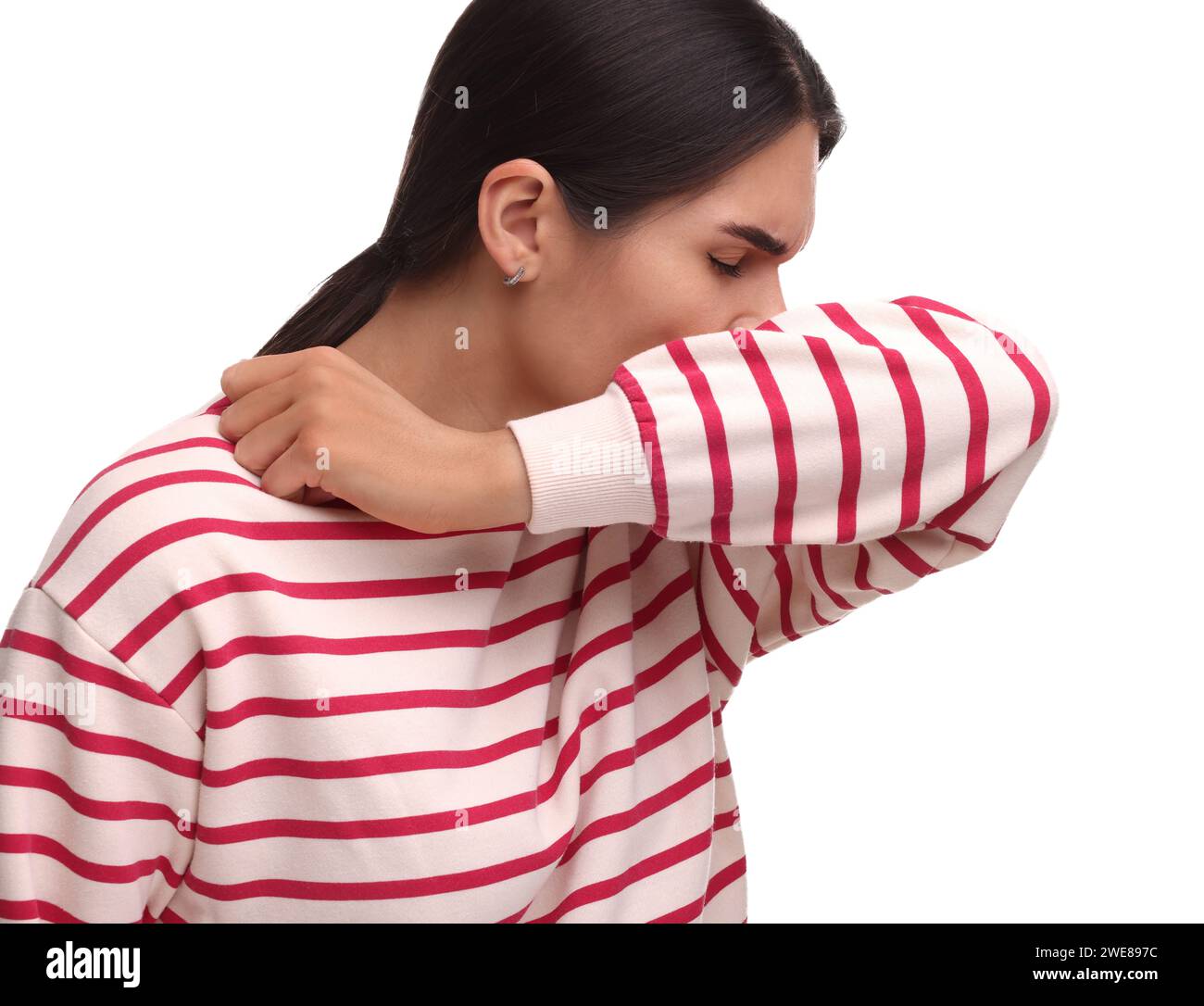 Woman coughing on white background. Cold symptoms Stock Photo - Alamy