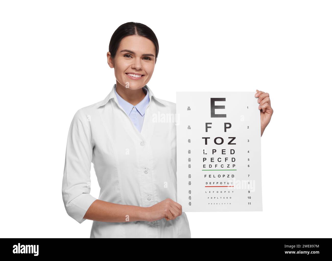 Ophthalmologist with vision test chart on white background Stock Photo ...