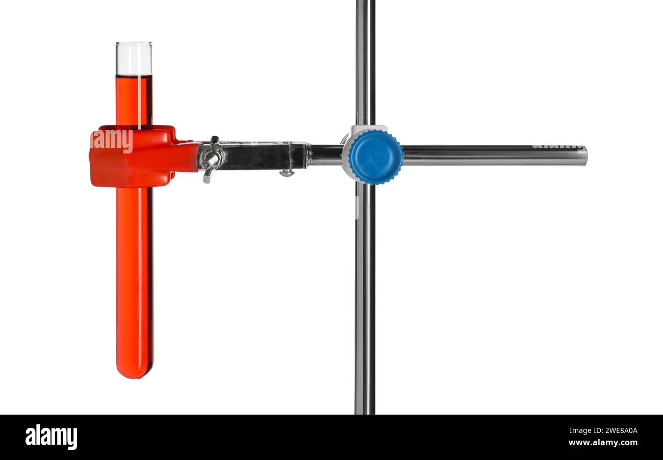 Retort stand with test tube of red liquid isolated on white Stock Photo ...