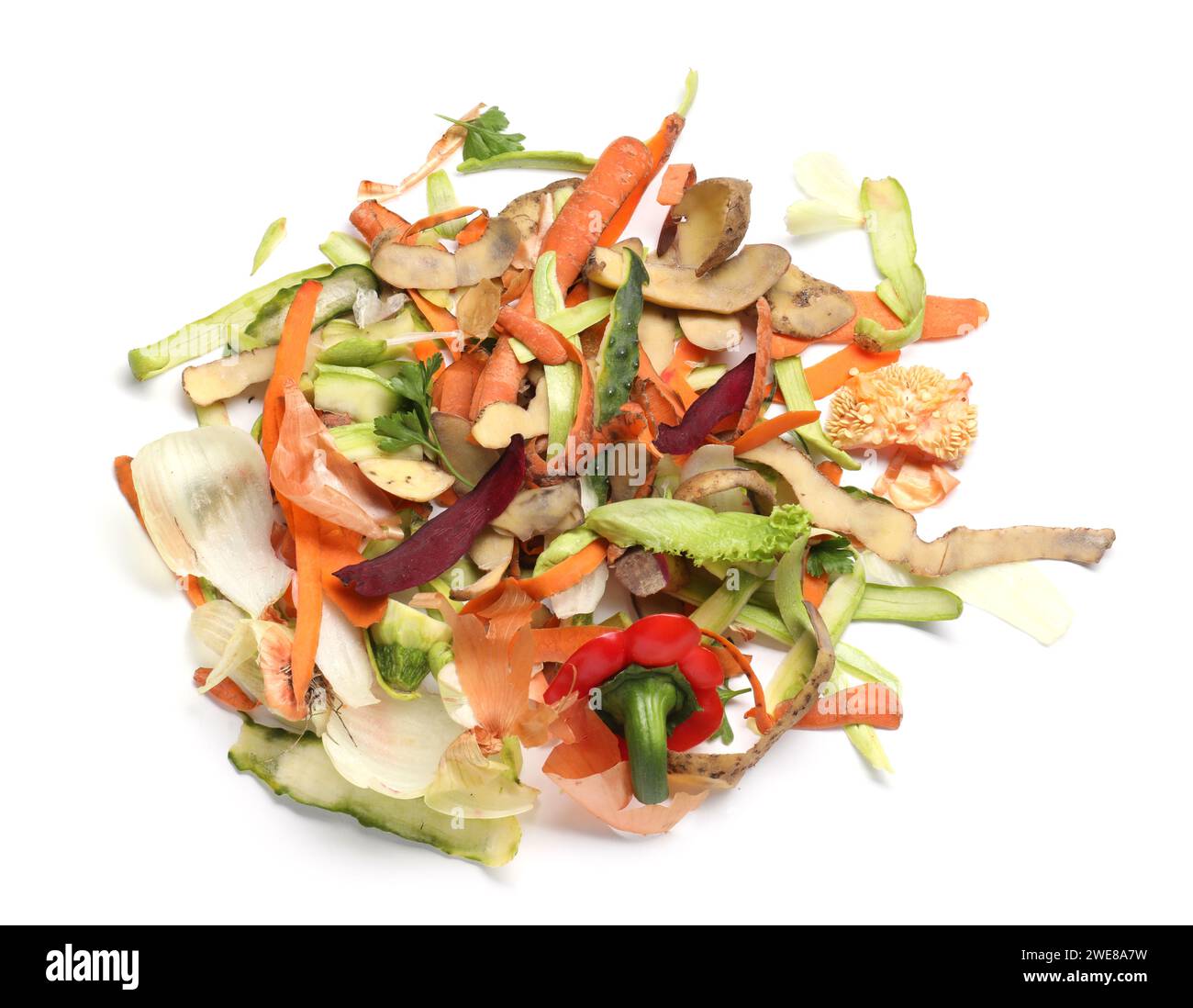 Peels of fresh vegetables isolated on white, top view Stock Photo - Alamy
