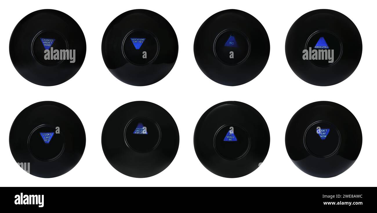 Magic eight ball with different predictions isolated on white ...