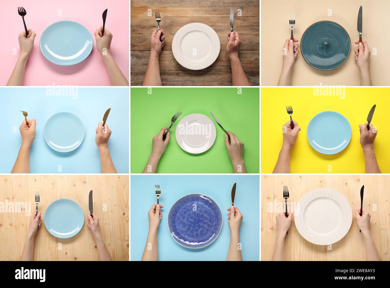 People with cutlery and clean plates on different backgrounds, top view ...