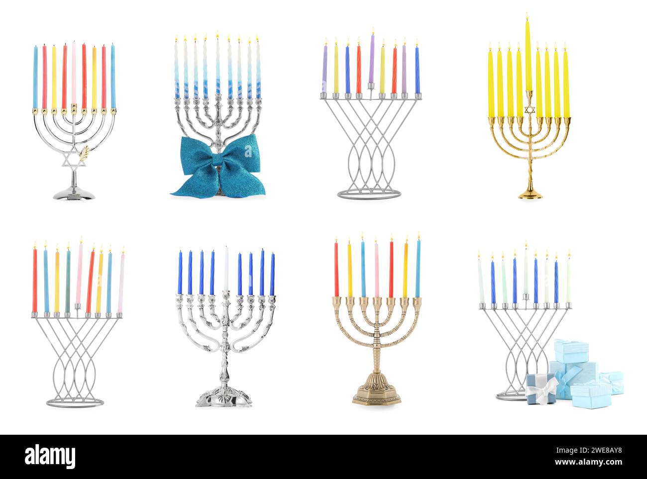 Hanukkah celebration. Menorahs and gift boxes isolated on white, set ...