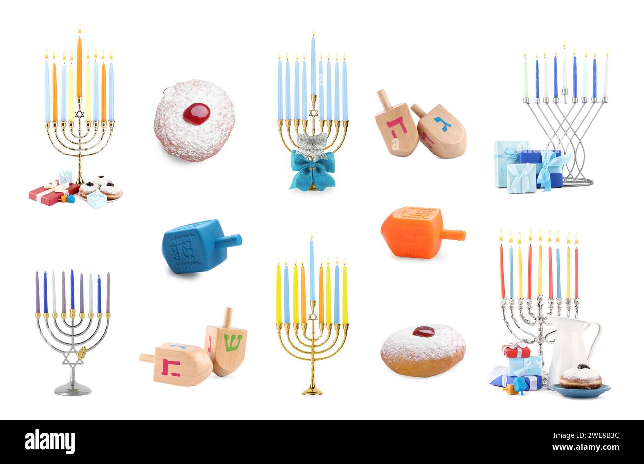 Hanukkah celebration. Menorahs, donuts, dreidels and gift boxes ...