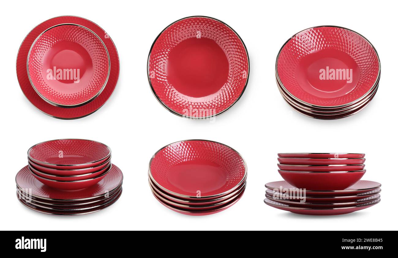 Stacks of ceramic plates and bowls isolated on white, set Stock Photo ...