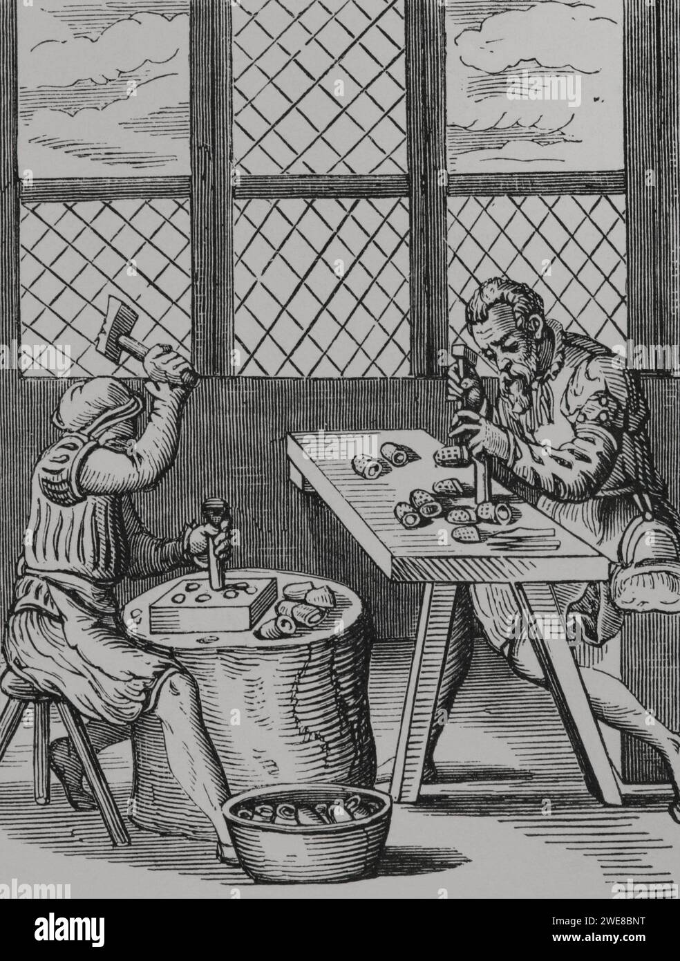 Thimble maker. Reproduction of a 16th-century engraving by Jost Amman ...