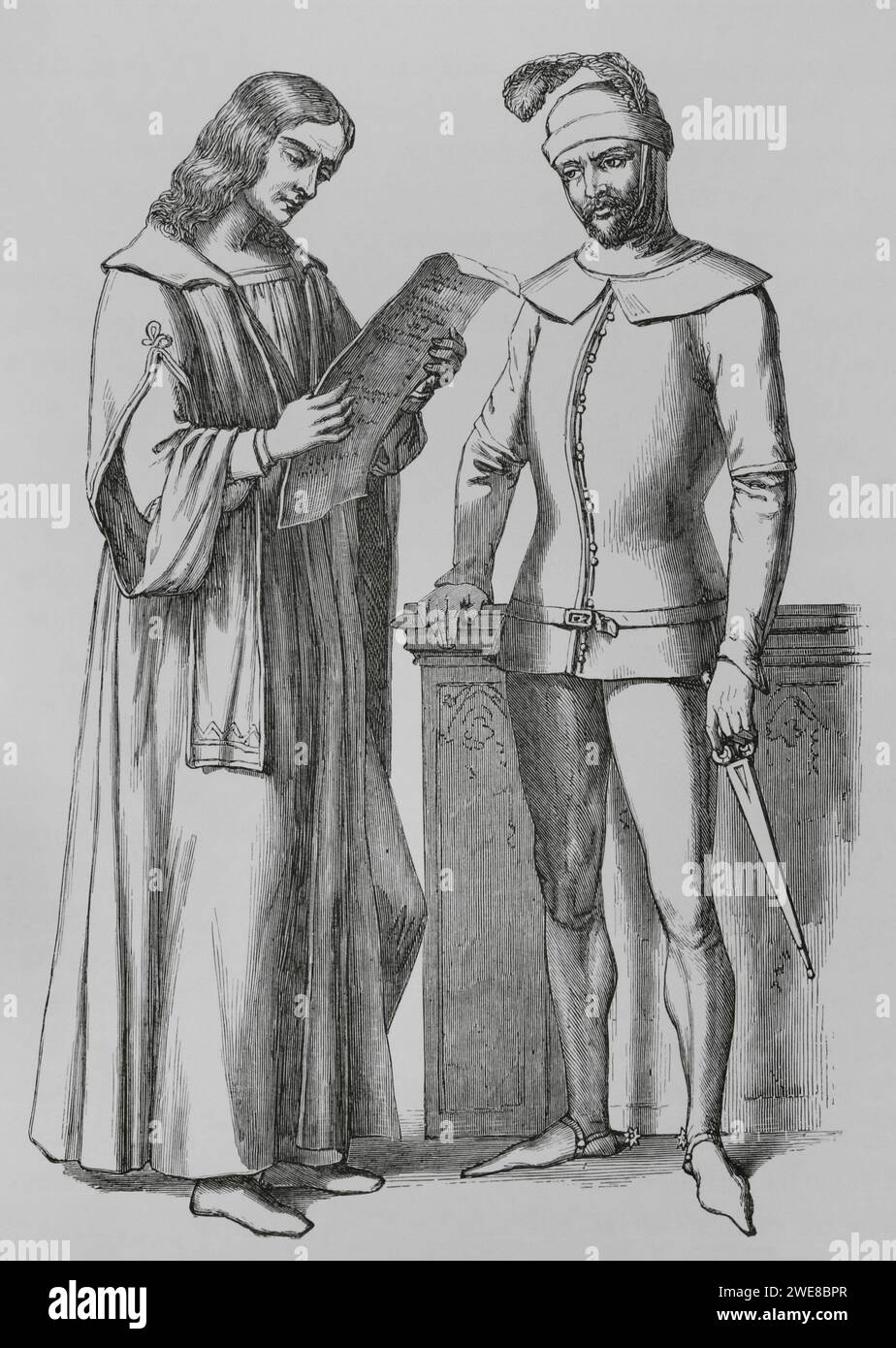 Italy. Notary and henchman in the 15th century. Engraving. "Moeurs ...