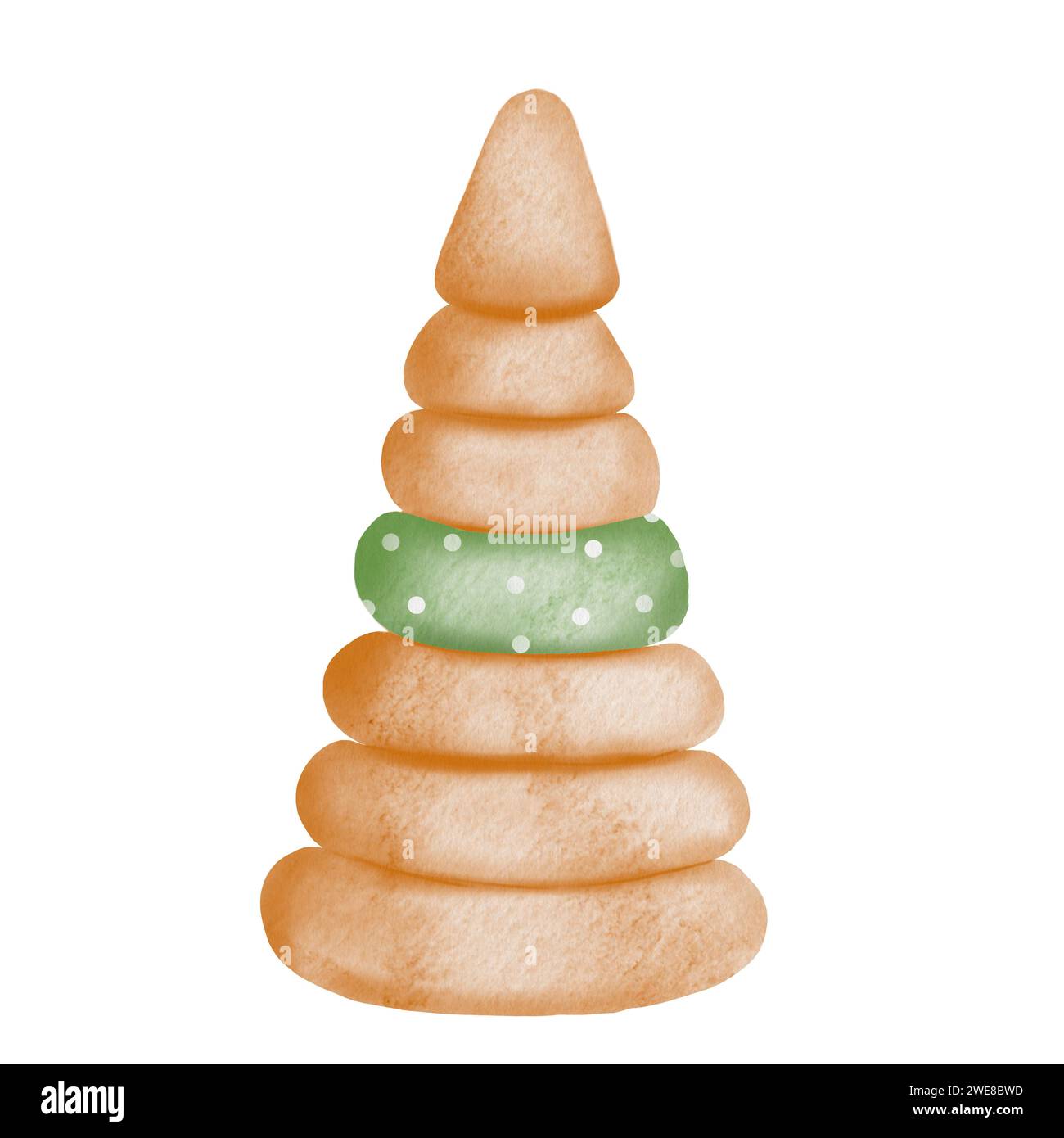 Watercolor children's pyramid toy in pastel beige and green tones. Hand ...