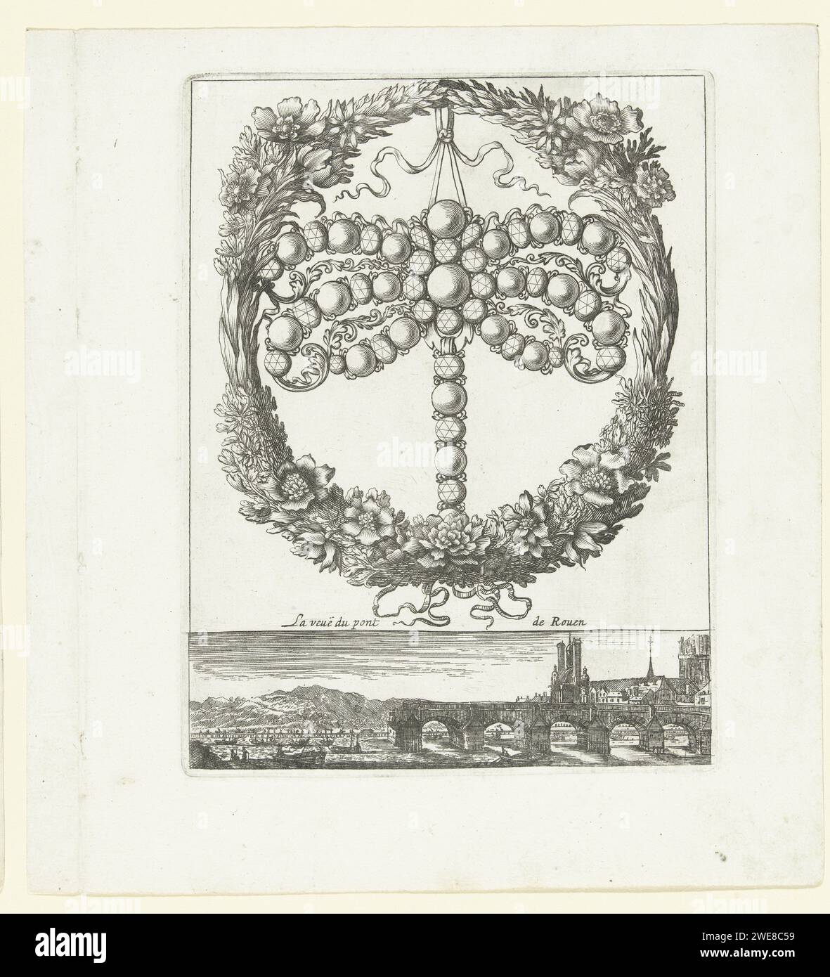 Krans with jewel, at the bottom of Panorama van Rouen, Balthazar ...