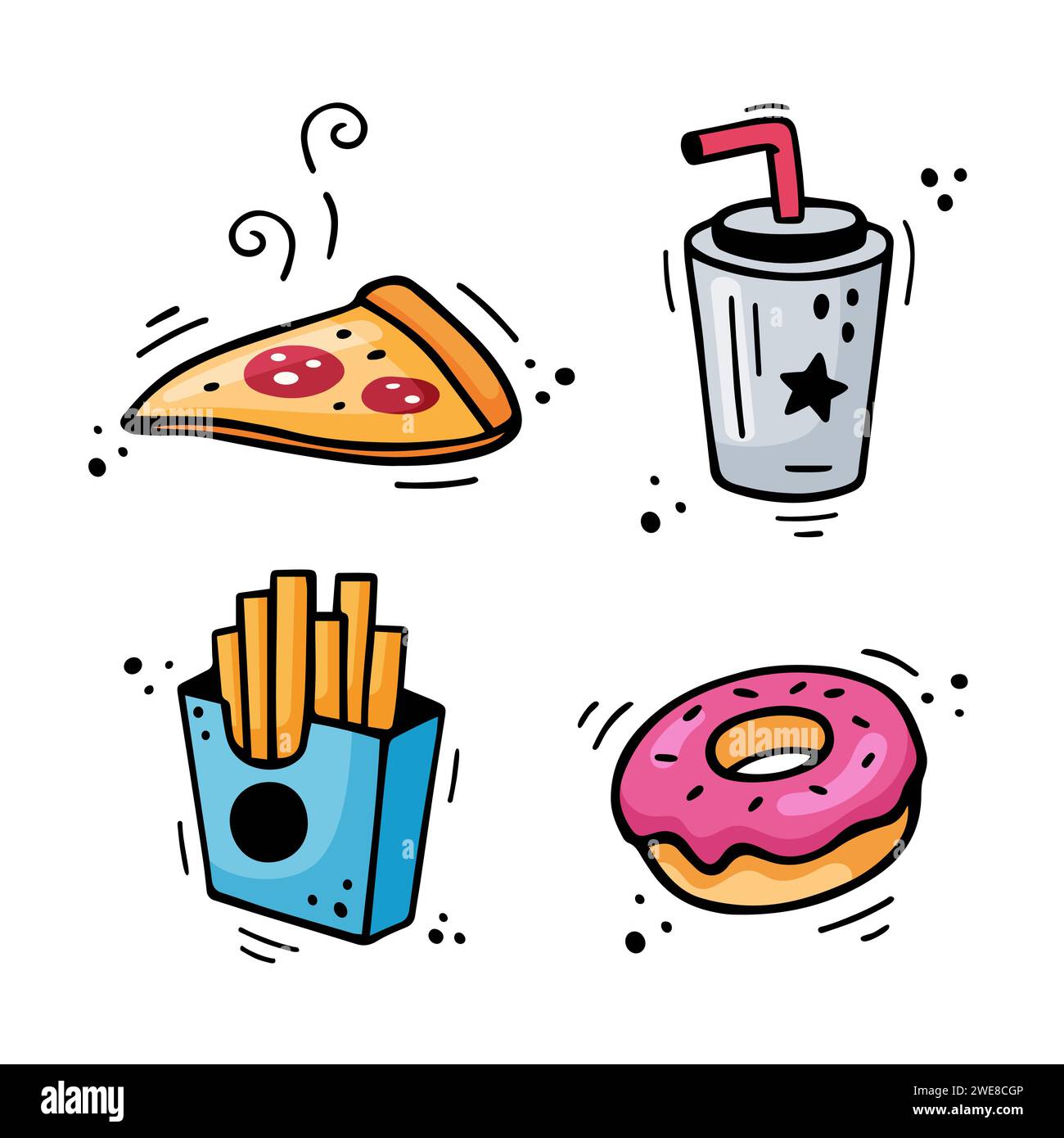 Fast food icons set - Pizza, French fries, paper cup with drink, donut ...