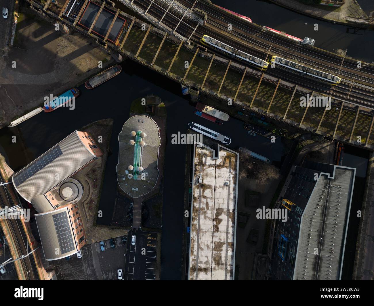Drone image looking down at Castlefield Viaduct, Giants Basin & Potato ...