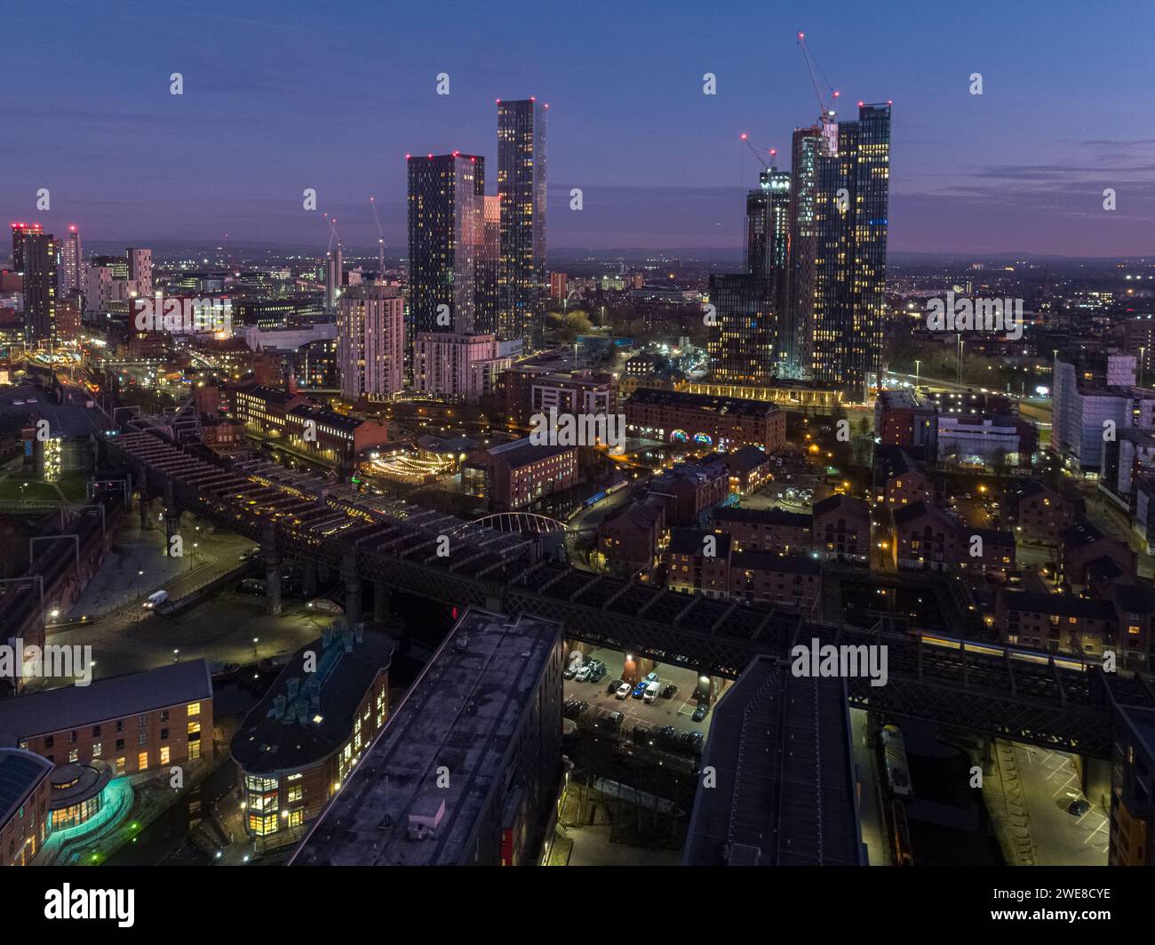 Twilight aerial photo looking over Castlefield, Castlefield viaduct ...