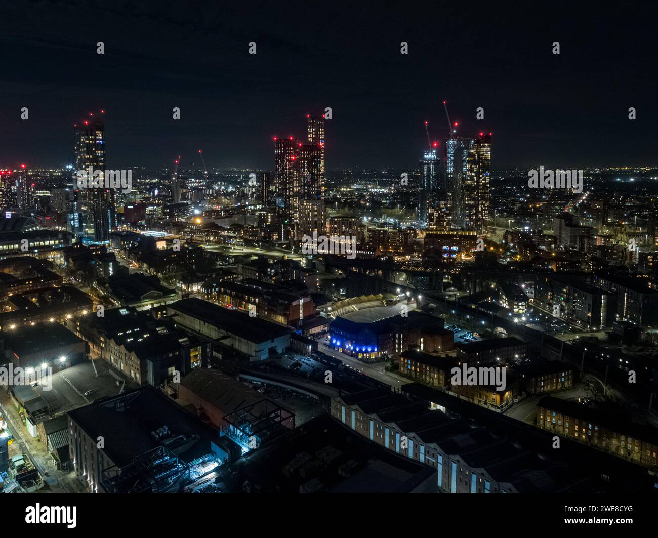 Night time panoramic aerial image of St Johns, Castlefield, Beetham ...