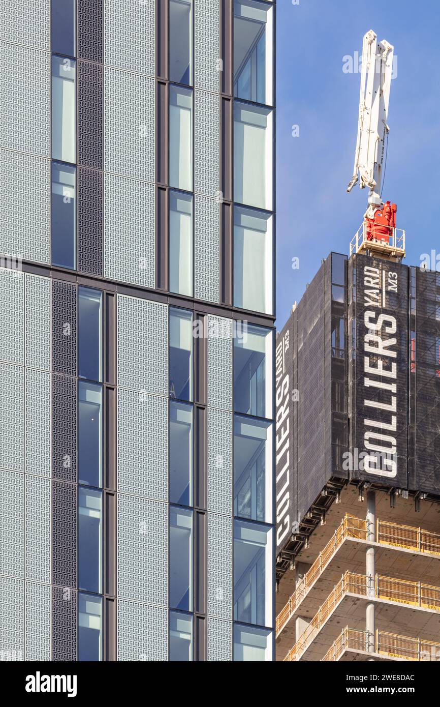 Close up image of the facade at Cortland residential tower, Salford, UK ...