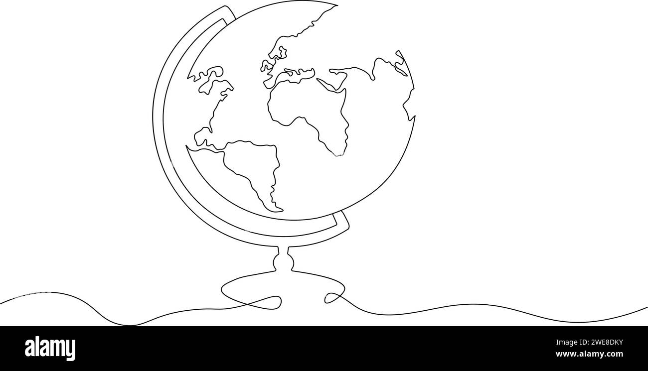 One continuous line drawing of school globe.World map doodle line ...