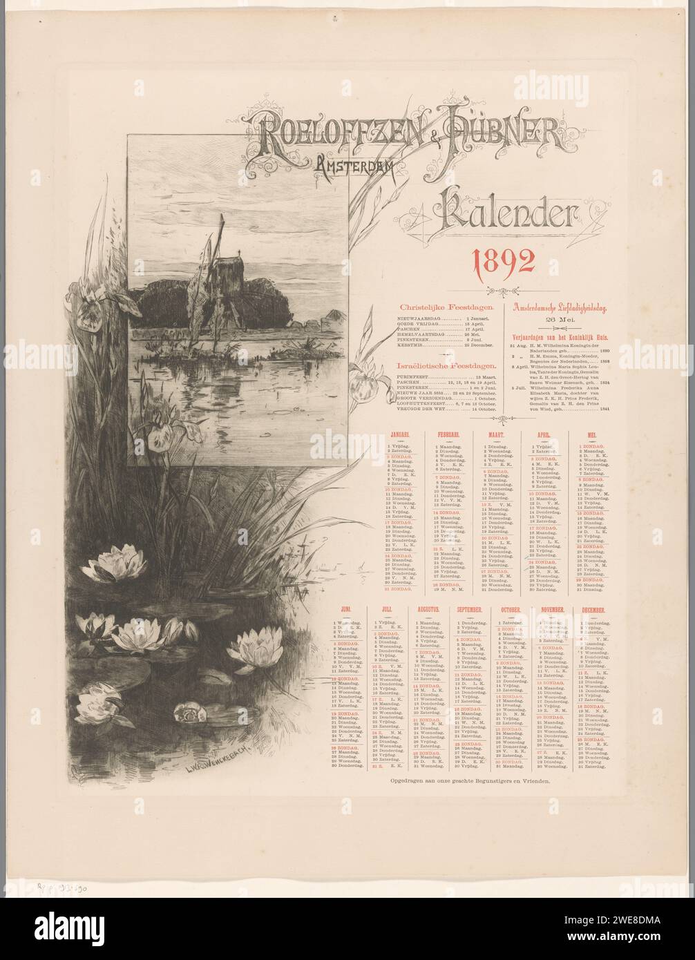 Calendar of Drukkerij Roeloffzen & Hübner with mill and Waterlelies ...