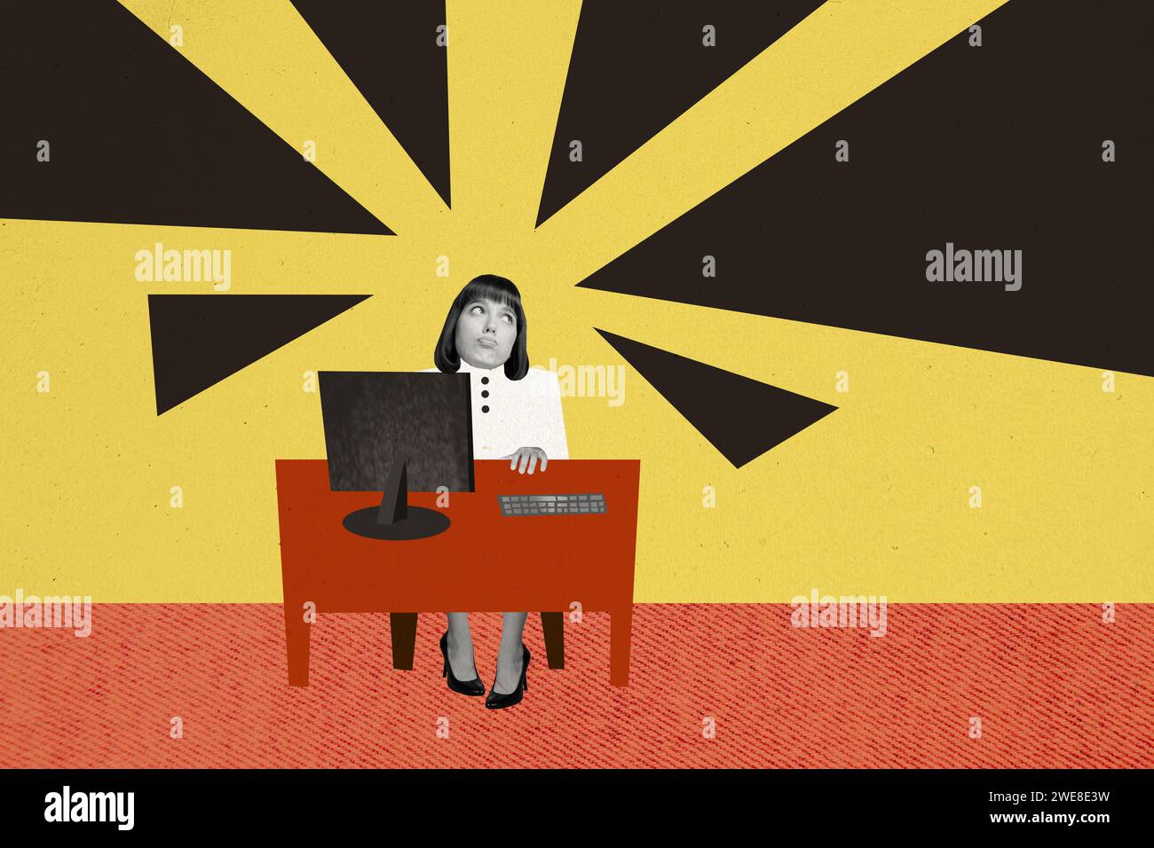 Creative collage picture young businesswoman sitting computer table ...