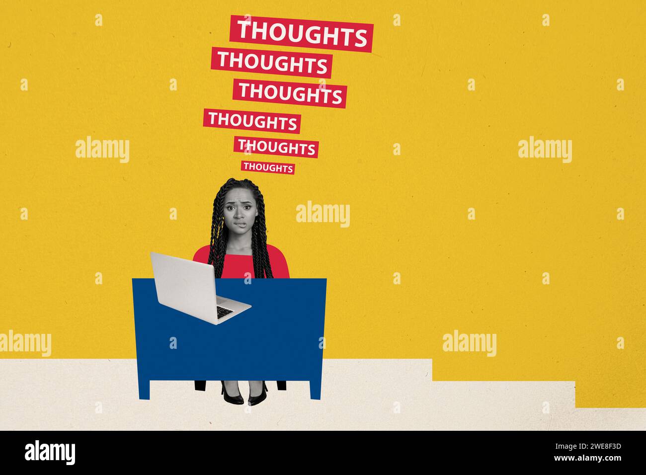 Horizontal photo collage poster with young anxious woman biting lips ...